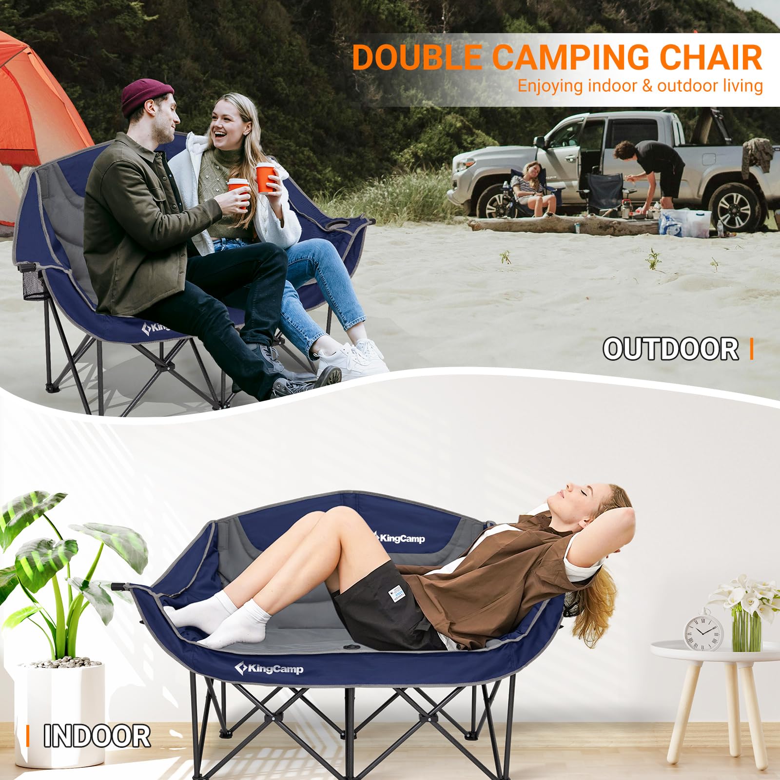 KingCamp Double Camping Chair Loveseat Heavy Duty for Adults Two Person Outdoor Folding Chairs with Cup Holder Wine Glass Holder Support 440 lbs for